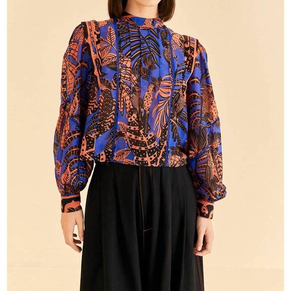 FARM Rio | Tops | New Farm Rio Tropical Pleated Blouse In Blue | Poshmark